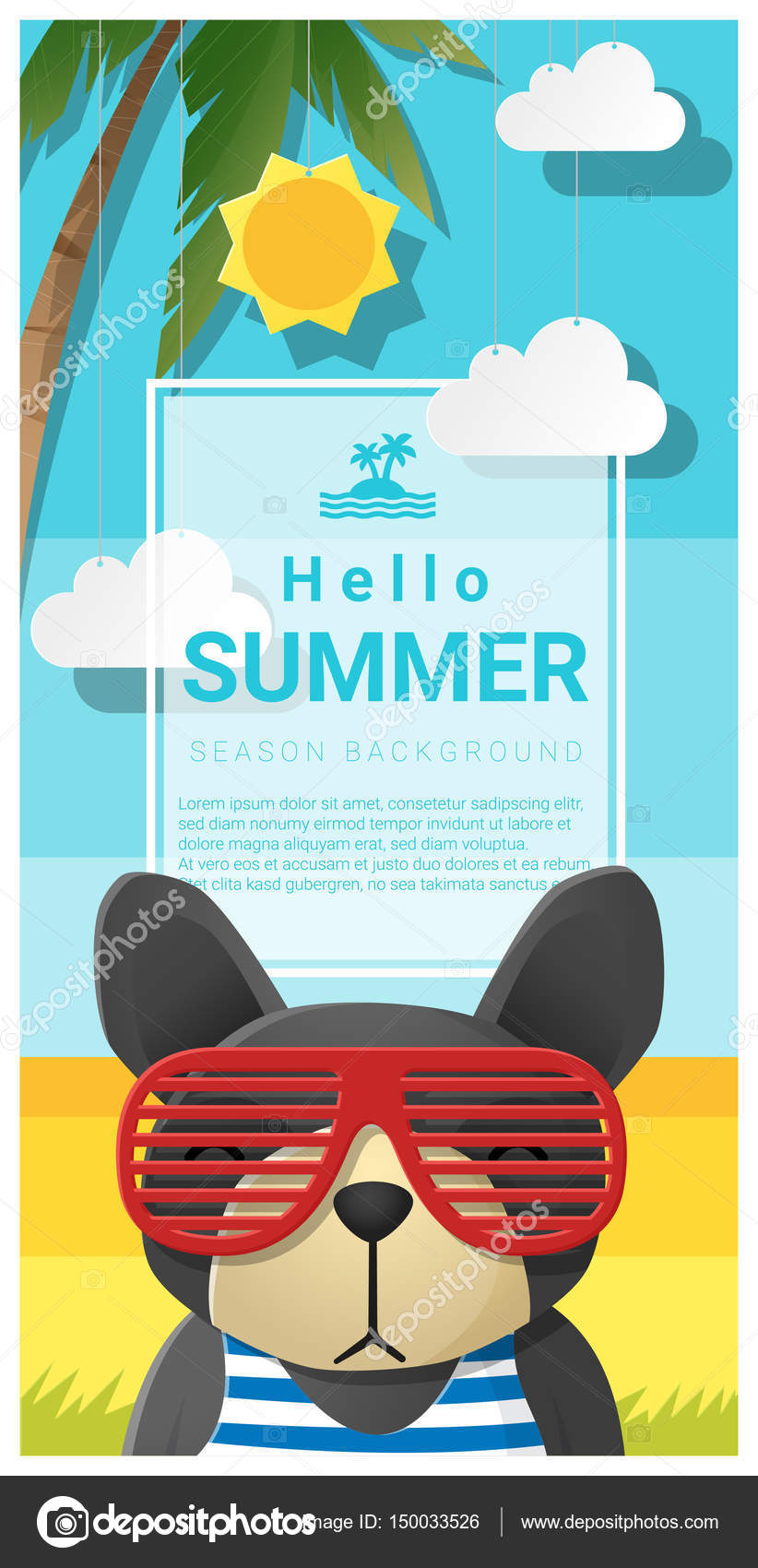 Hello summer background with dog wearing sunglasses , vector ...