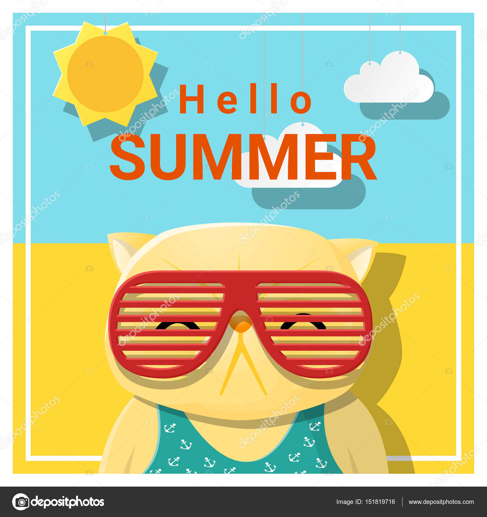Hello summer background with cat wearing sunglasses , vector ...