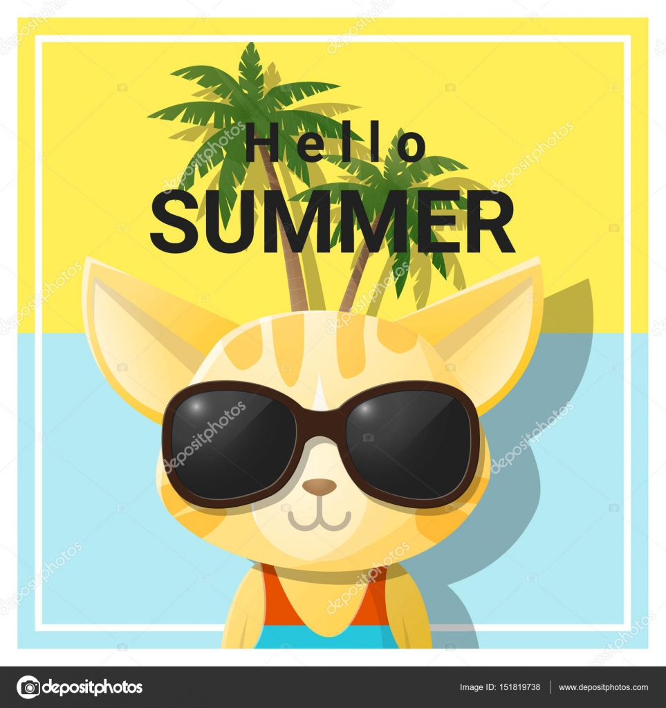 Hello summer background with cat wearing sunglasses , vector ...