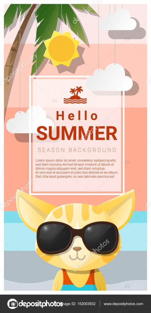 Hello summer background with cat wearing sunglasses , vector ...