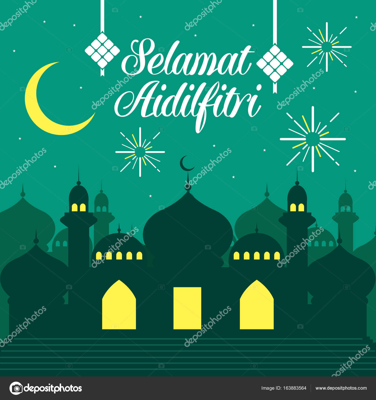 Hari Raya Aidilfitri vektör çizim ile geleneksel malay Camii ...