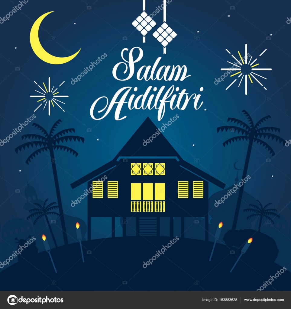 Hari Raya Aidilfitri vector illustration with traditional malay village ...