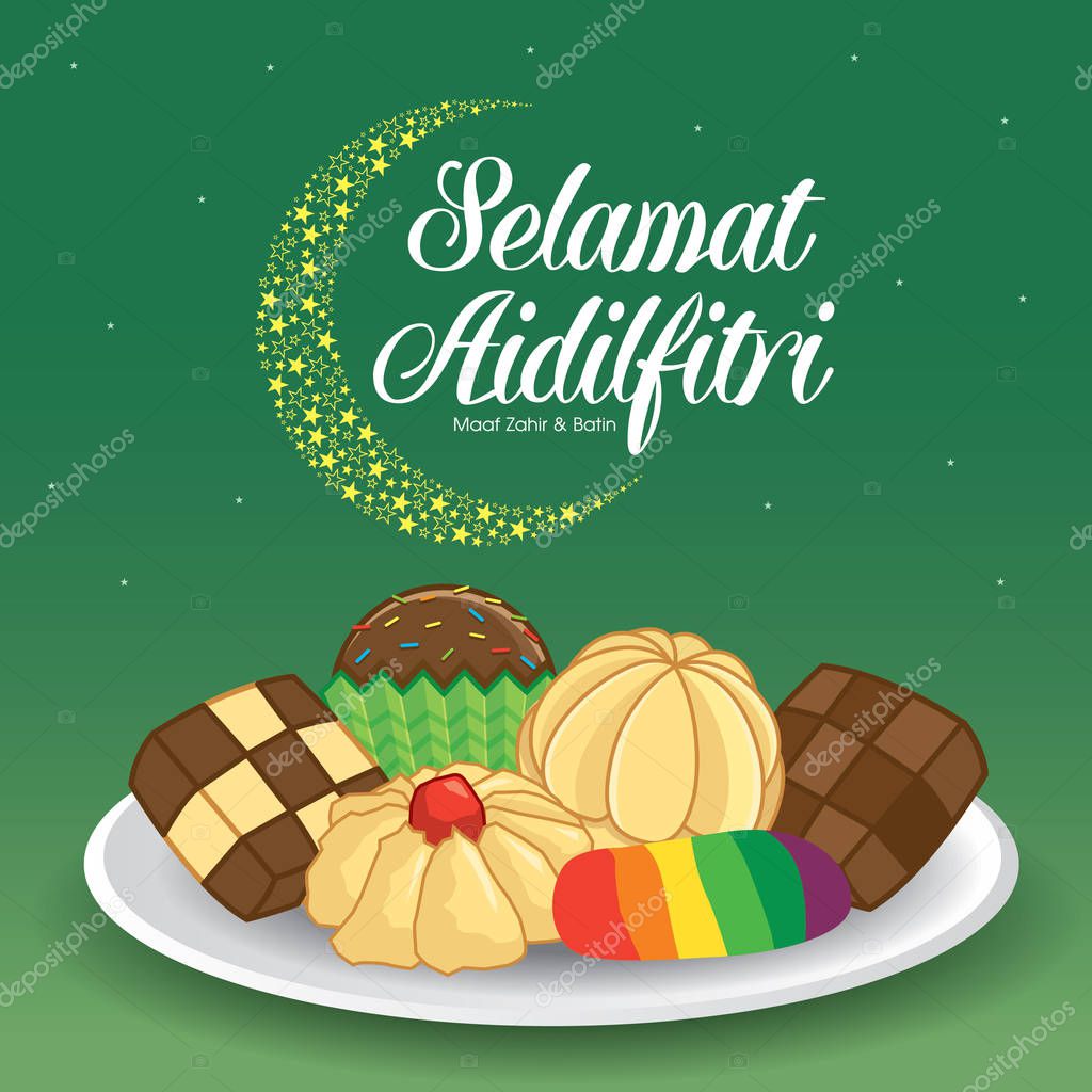 Selamat Hari Raya Aidilfitri vector illustration with traditional Kuih ...