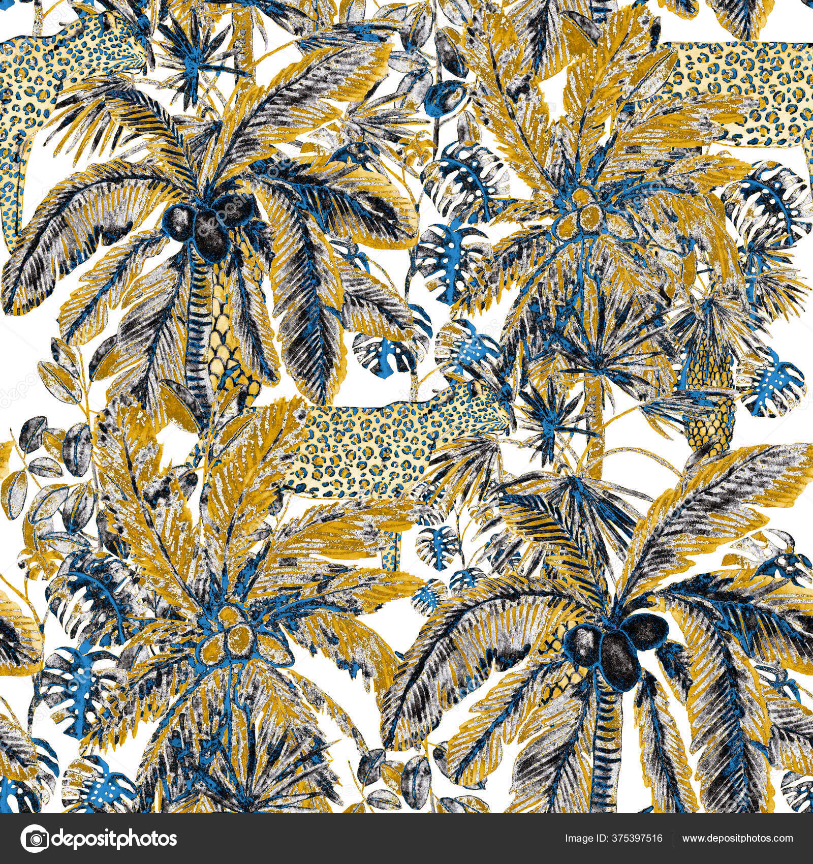 Watercolor Seamless Pattern Leopard Rainforest Jungle Palms Leaves ...