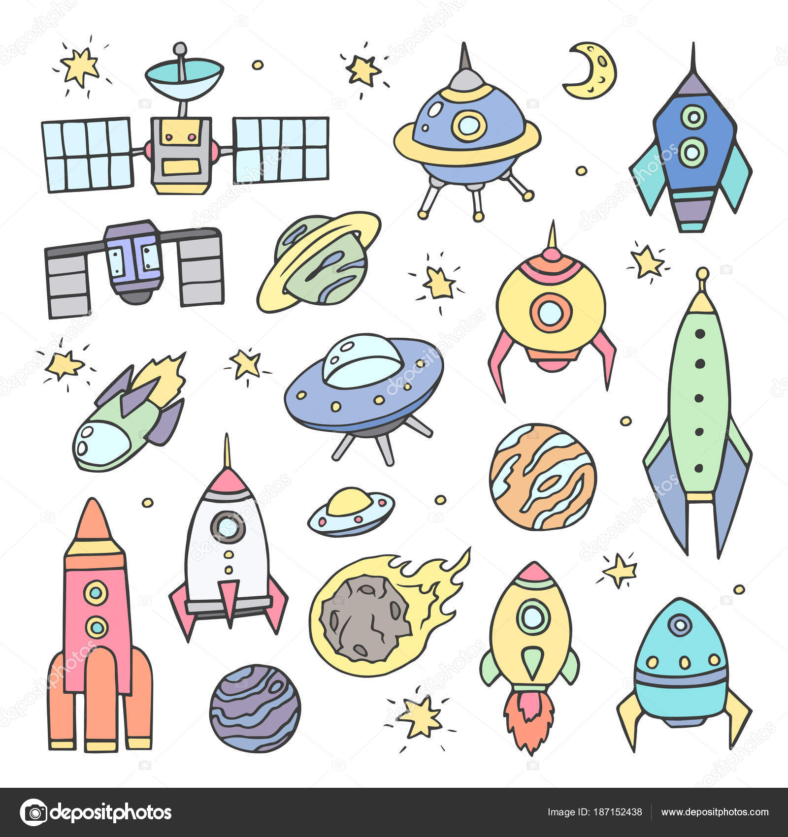 Collection of sketchy space objects, colored graphics on white ...