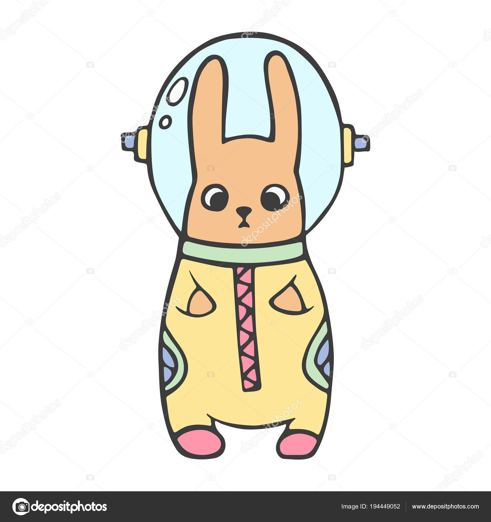Hand drawn vector illustration of a cute bunny in space. Isolated ...