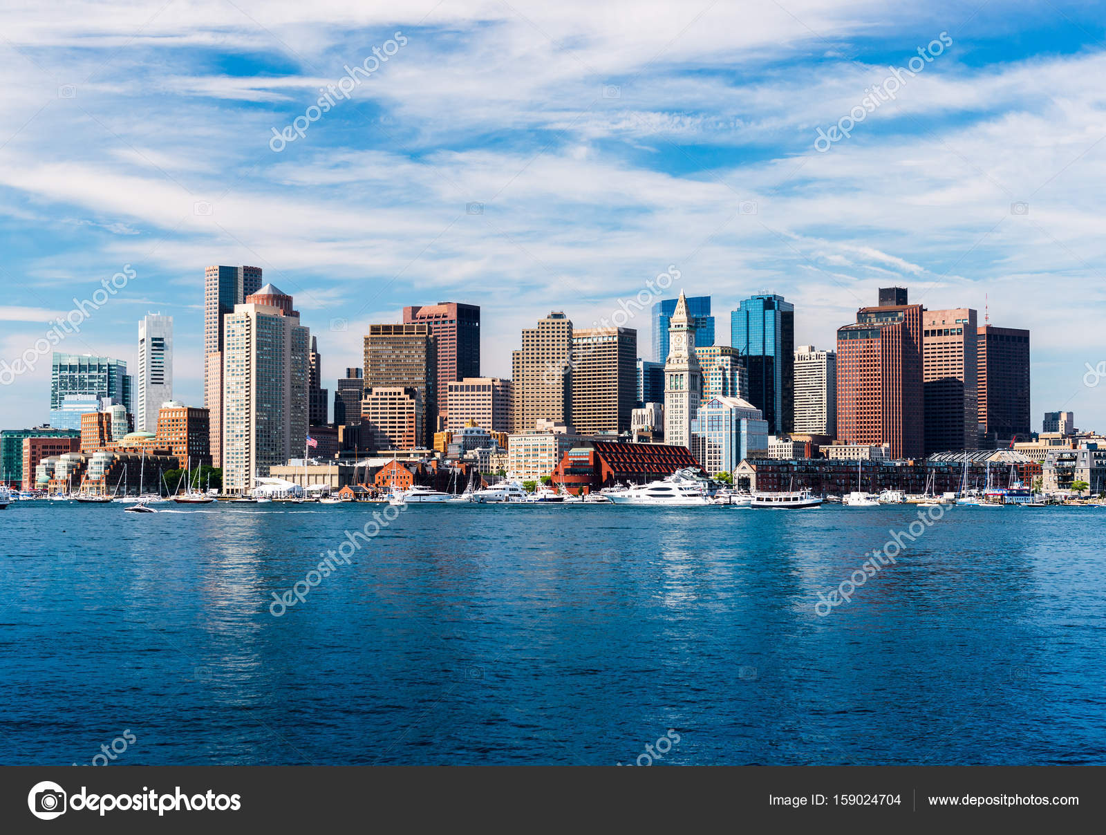 Panoramic view of Boston skyline, view from harbor, skyscrapers in ...