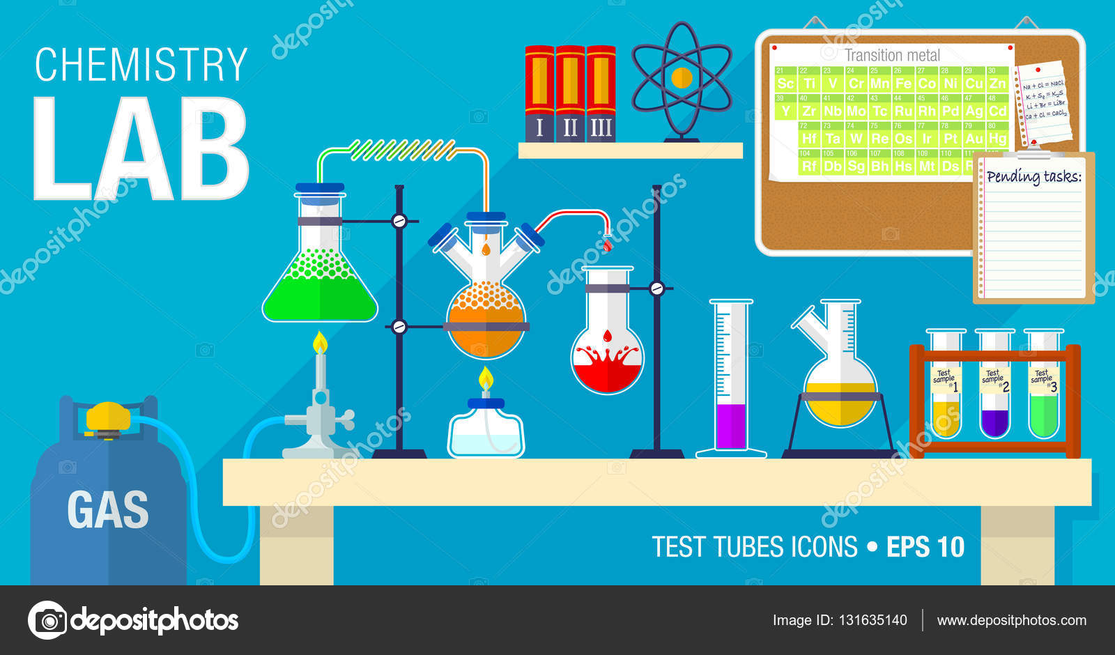 Scene of chemical laboratory with an experiment in process on the table ...