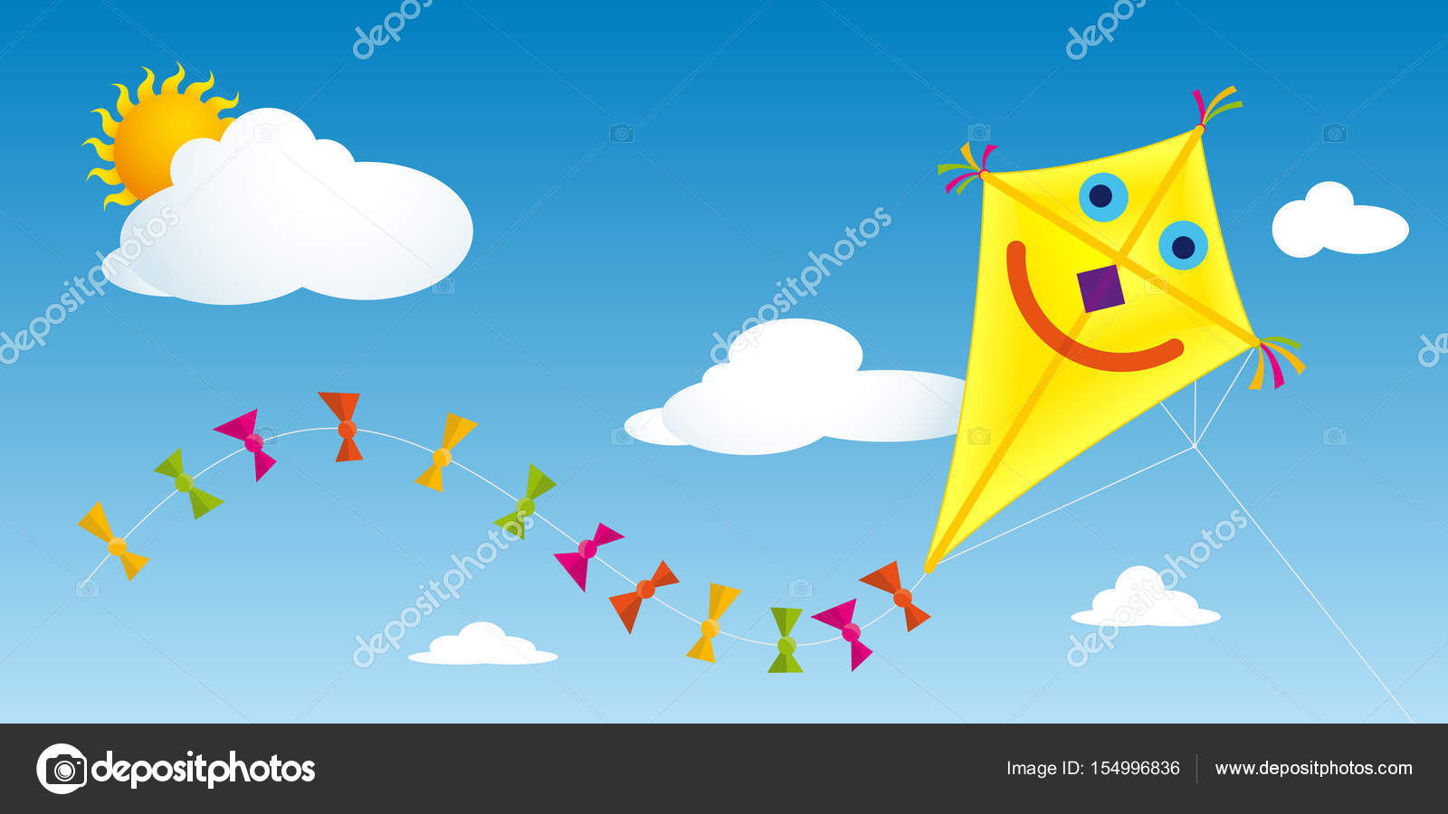 Yellow Paper Kite Happy Face Tail Colorful Bows Flying Blue — Stock ...