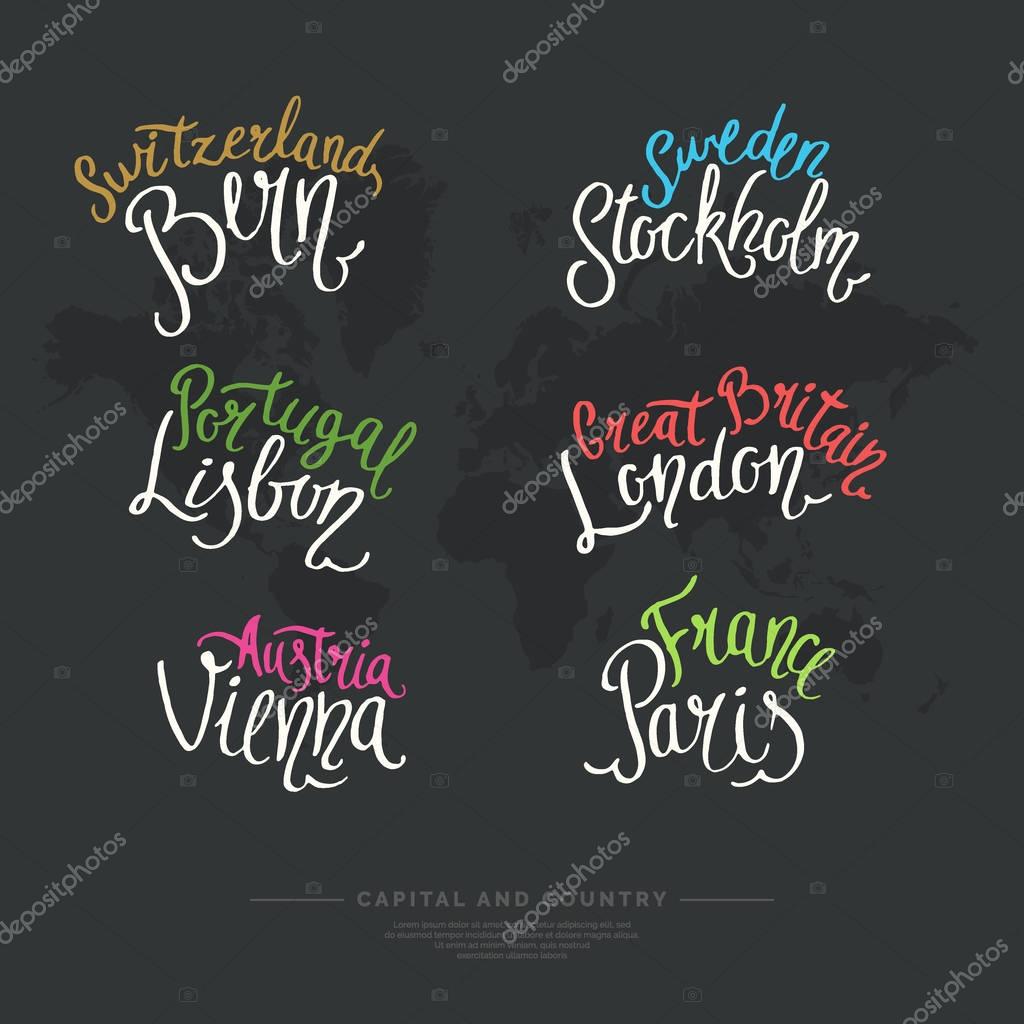 Set de letras dibujadas a mano país y capital Europa. 2022