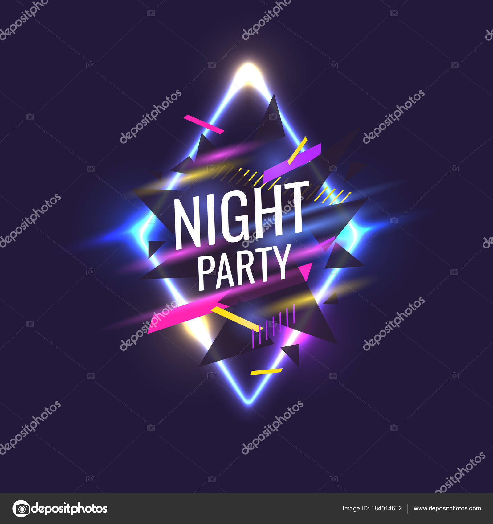 Original poster for night paty. Geometric shapes and neon glow against ...