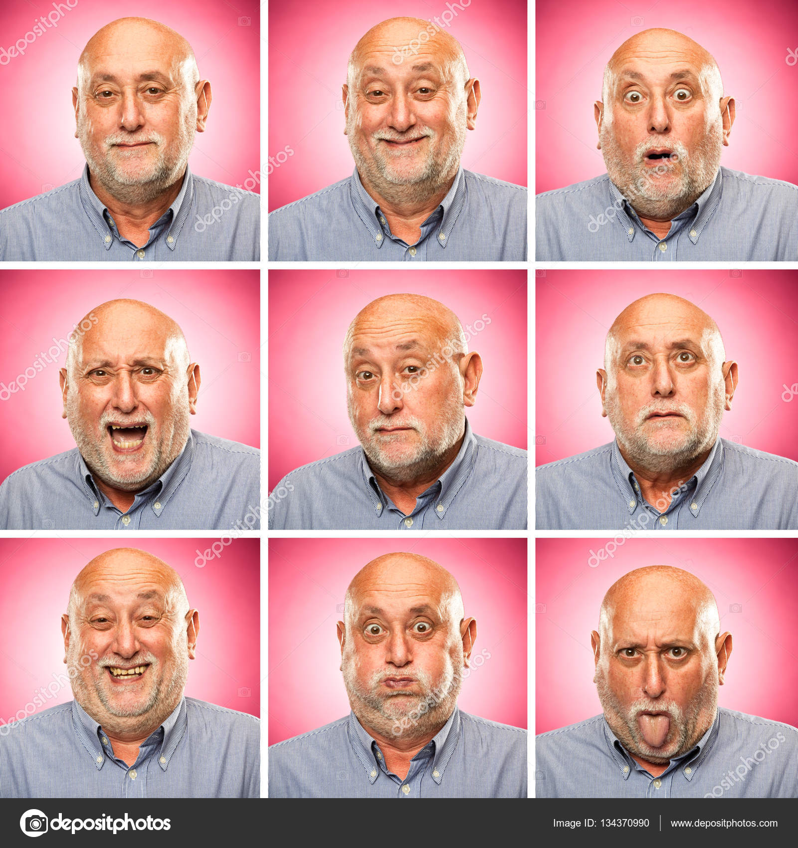 Bald old caucasian senior man square collection set of face expression ...
