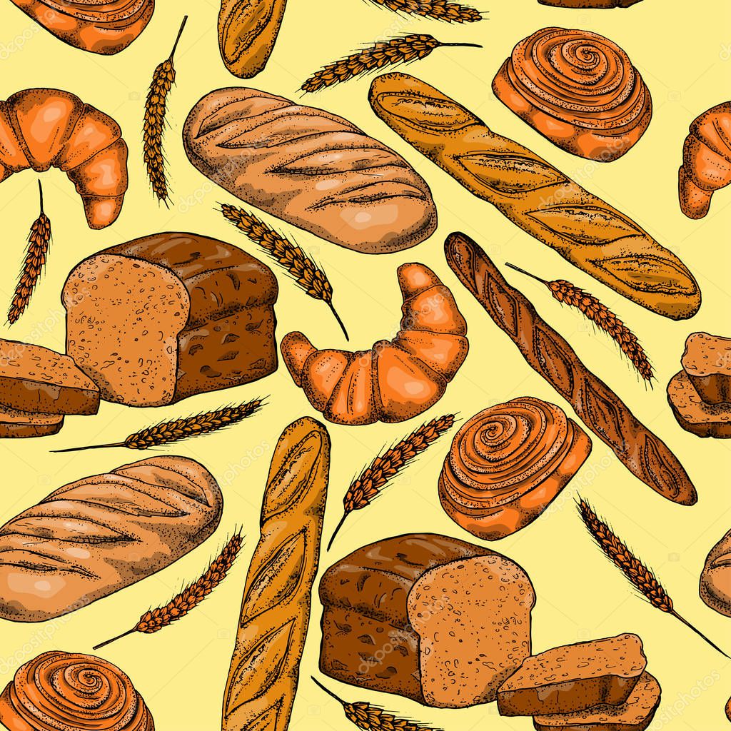 Bread, seamless pattern with bakery products, french baguette ...