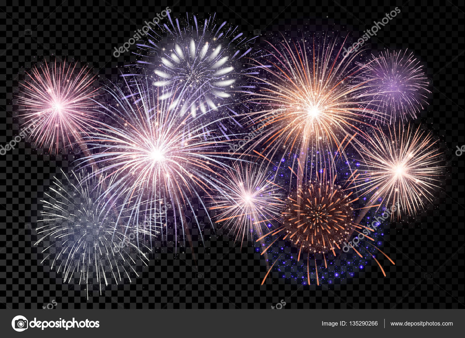 Set of isolated vector fireworks on transparent background — Stock ...