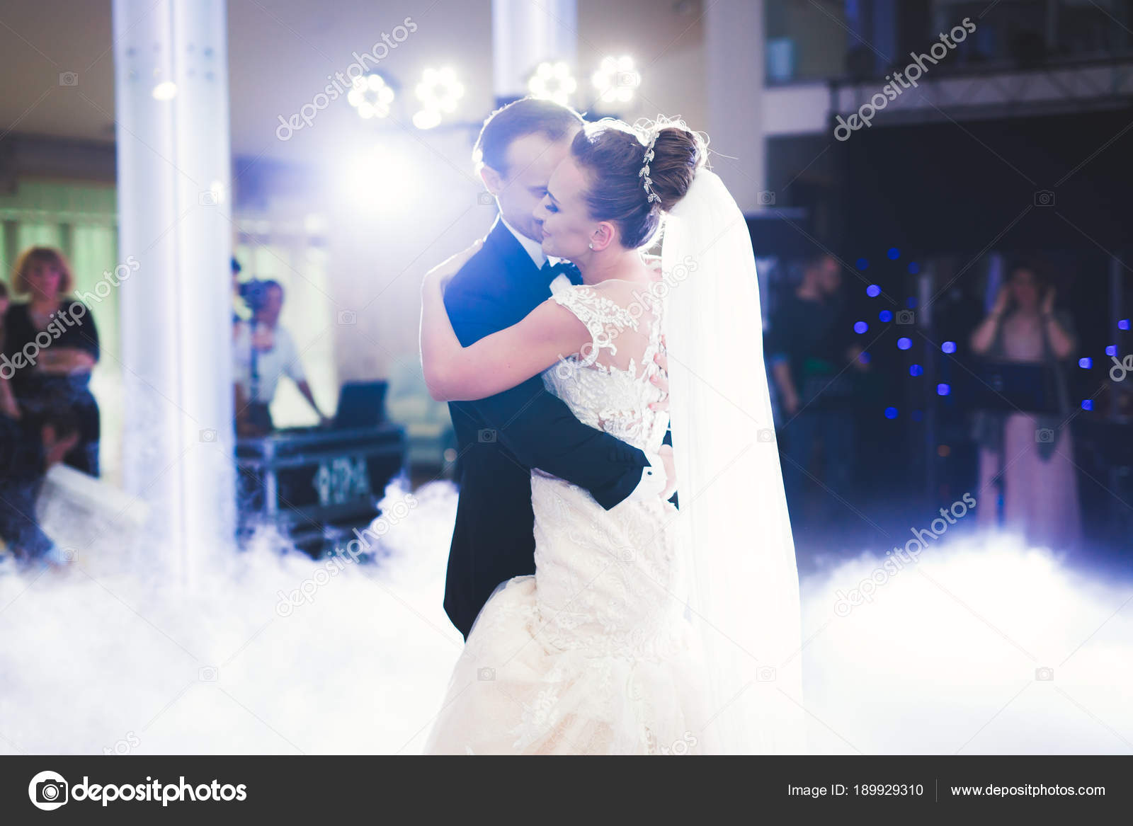 Beautiful caucasian wedding couple just married and dancing their first ...