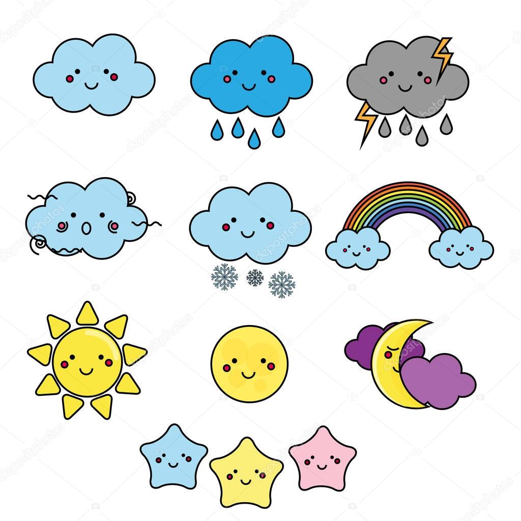 Lindo clima y elementos del cielo. Luna Kawaii, sol, nubes de lluvia ...