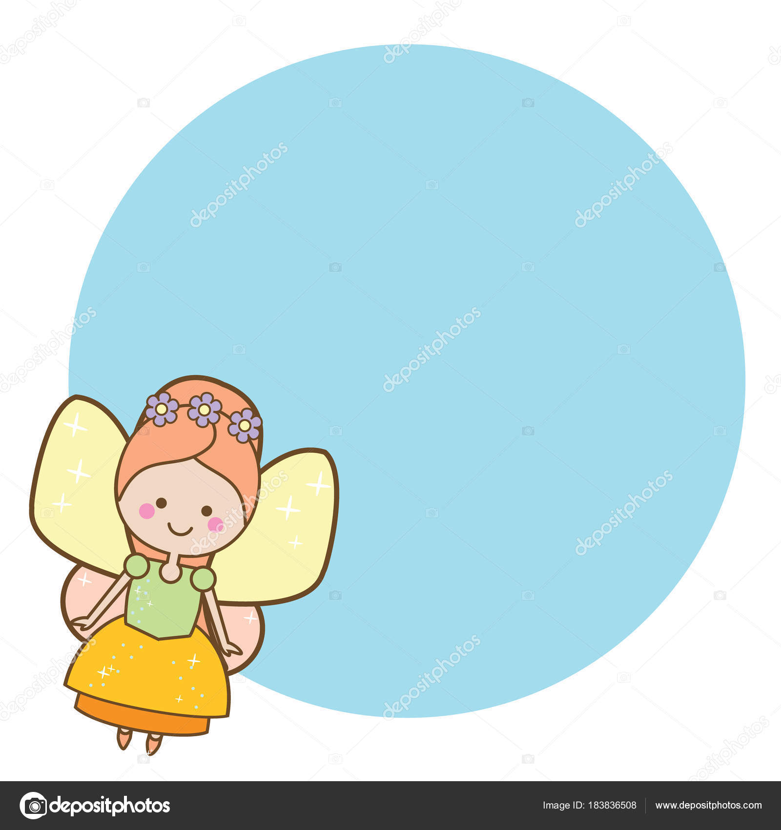 Beautiful little flying fairy character. Blue round frame design ...