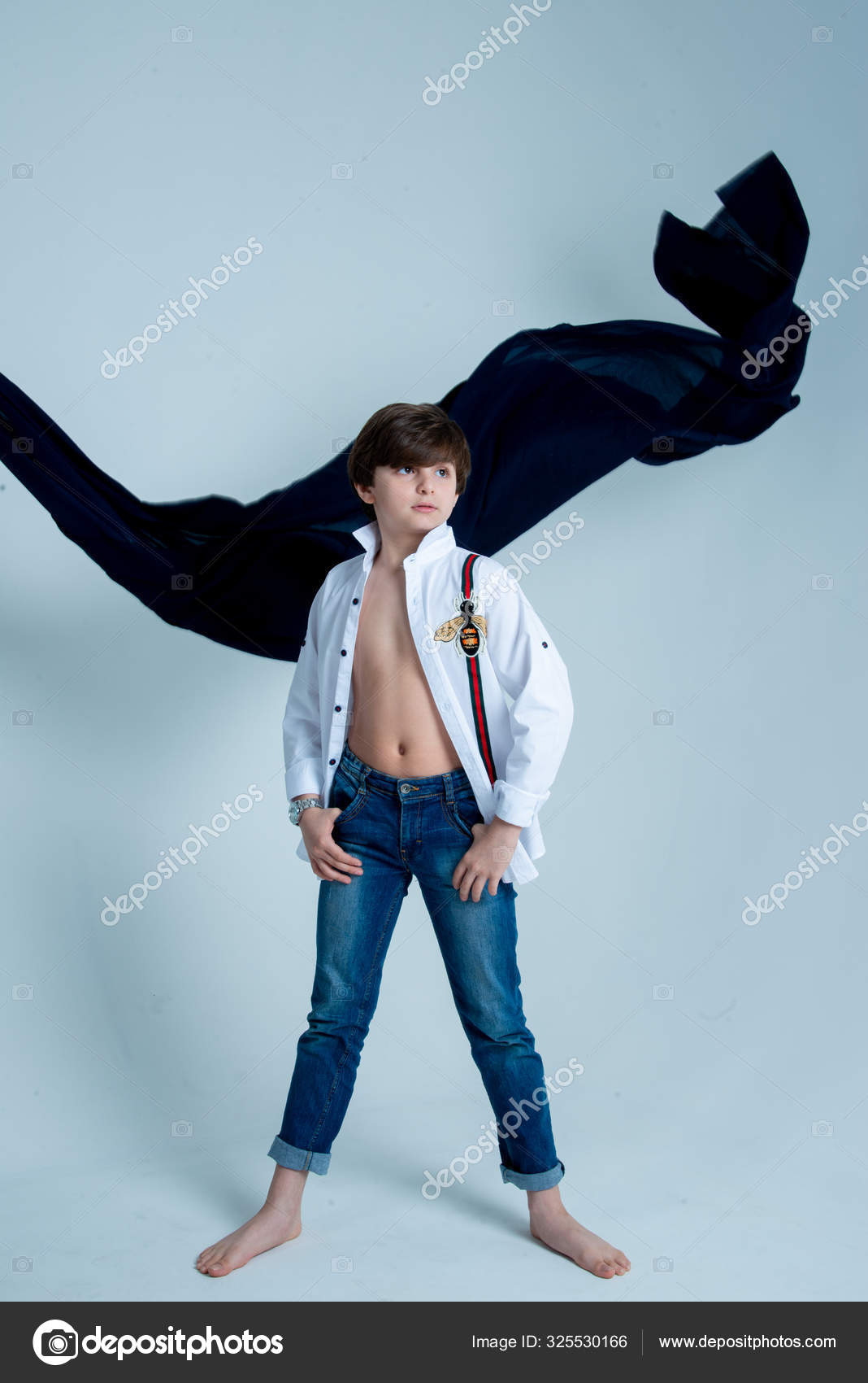 Kid Boy Model Standing Studio Gray Background — Stock Photo ...