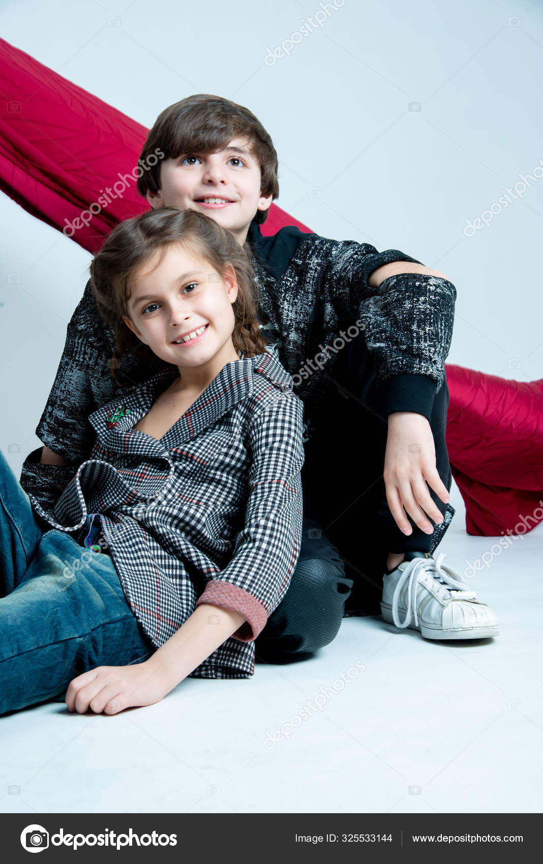 Cute Kids Sitting Studio Gray Background Red Canvas Stock Photo by ...