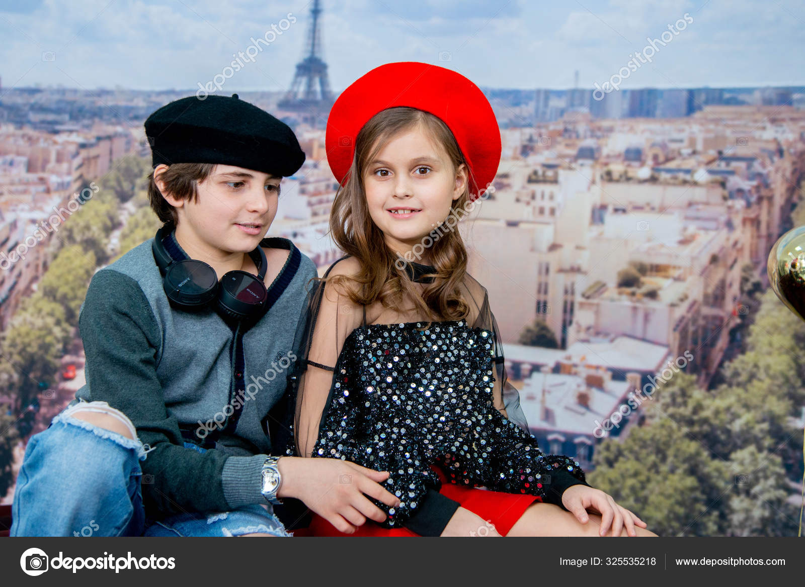 Children Red Black Berets Sitting Romantic Place Roof — Stock Photo ...