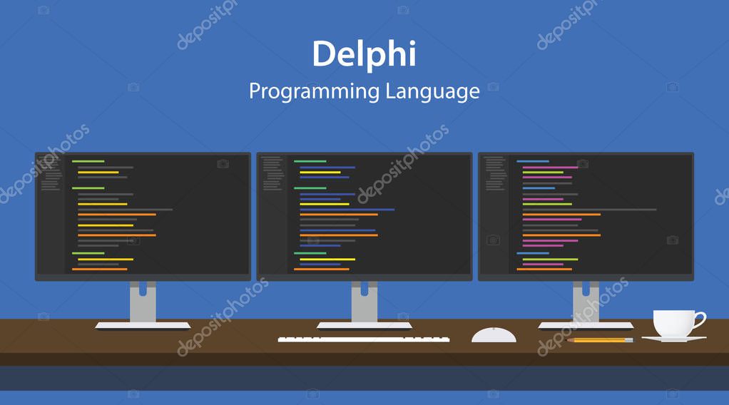 Ilustración del código de lenguaje de programación Delphi mostrado en tres monitores seguidos en ...