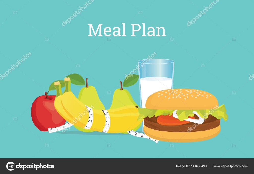 Meal plan illustration with milk, fruits and burger on a table Stock ...