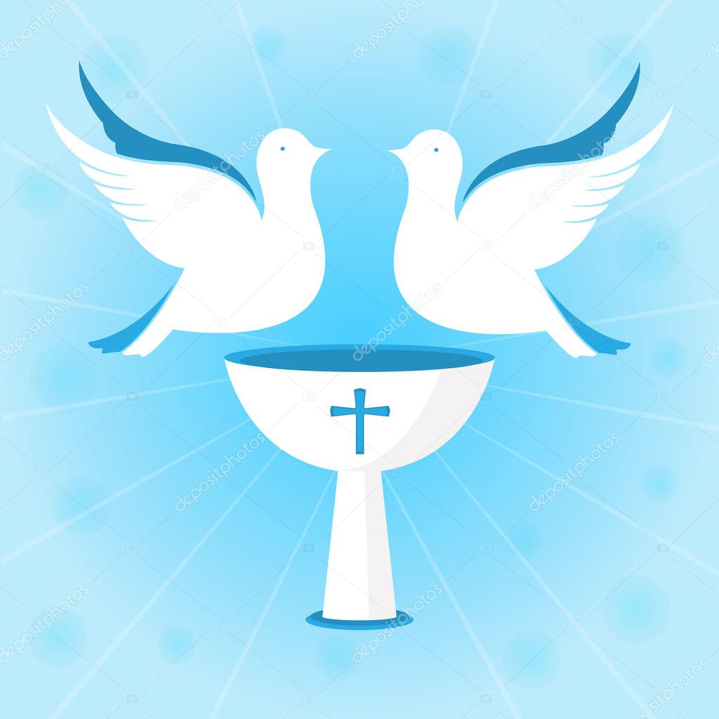 Un par de palomas blancas están flotando sobre el cáliz. Bautismo de ...