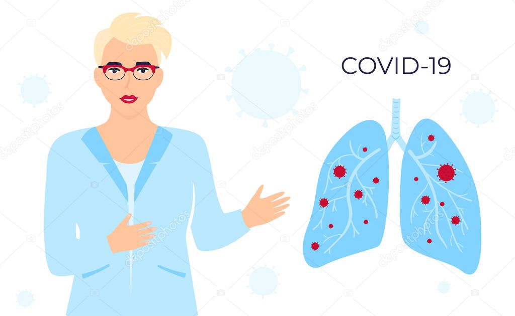 Coronavirus COVID-19. Una doctora con gafas y una bata médica habla del ...