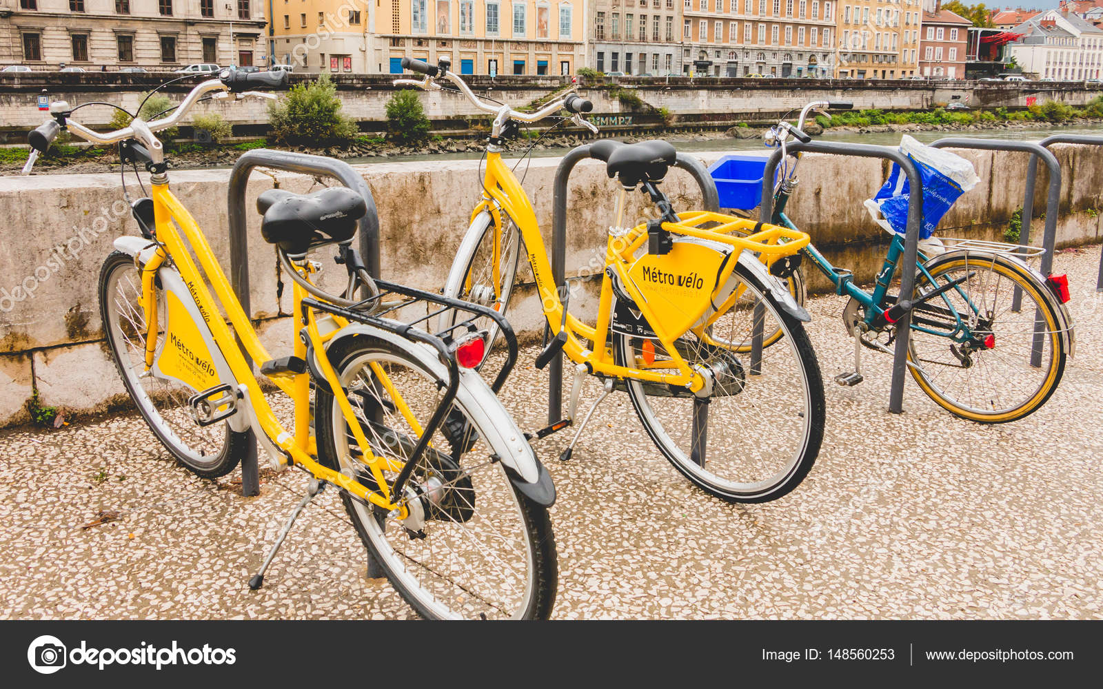 Shared bikes are lined up in the streets of Grenoble – Stock Editorial ...