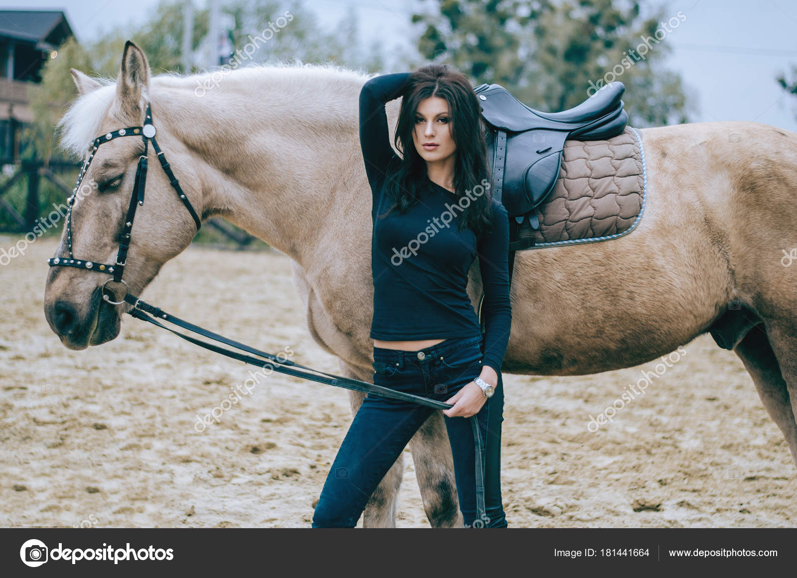 Beautiful Brunette Rider Posing Horse Riding Country Ranch Horseback ...