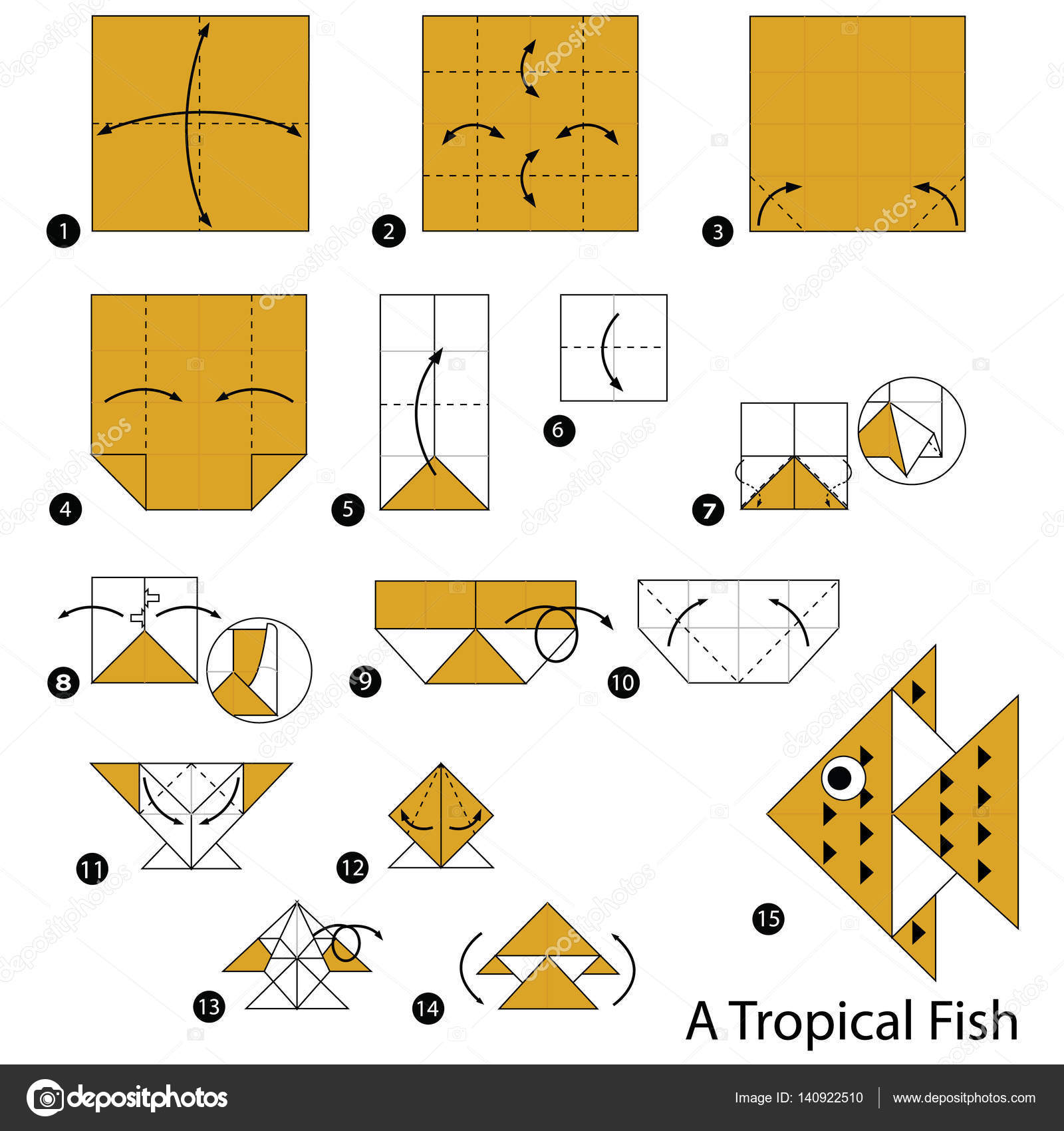 Step by step instructions how to make origami A Tropical Fish. Stock ...