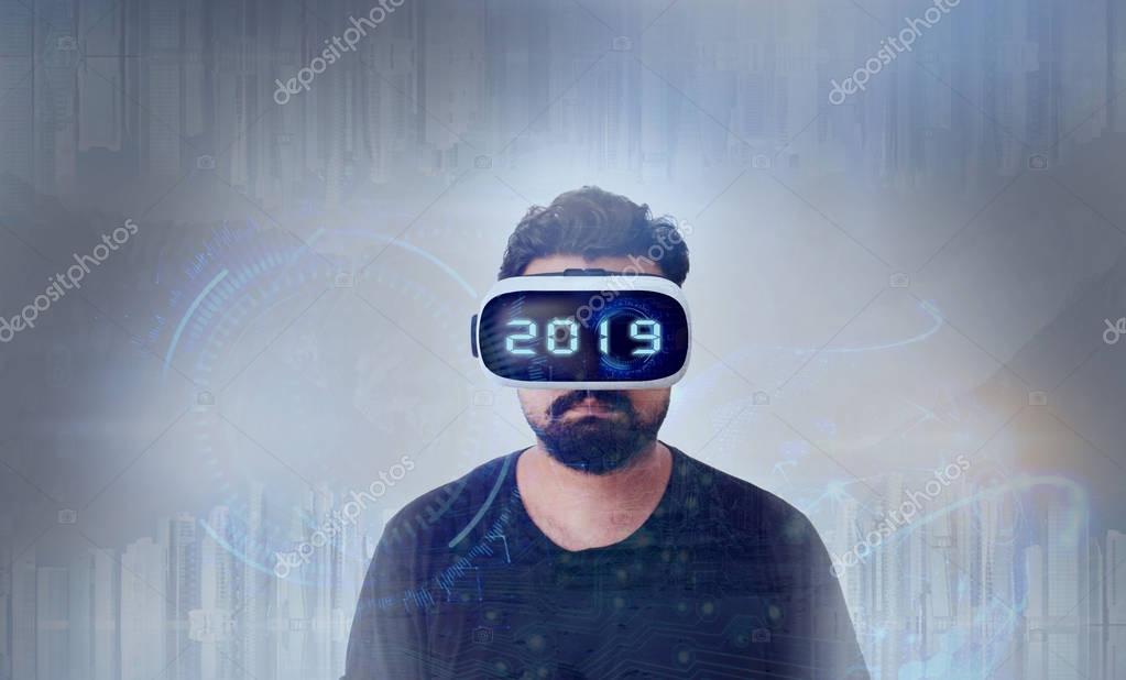 Guy wearing VR Virtual Reality glasses - 2019 — Stock Photo ...