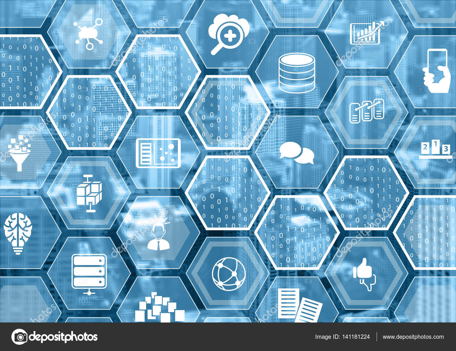 Big data concept as blurred background with hexagon shapes and symbols ...