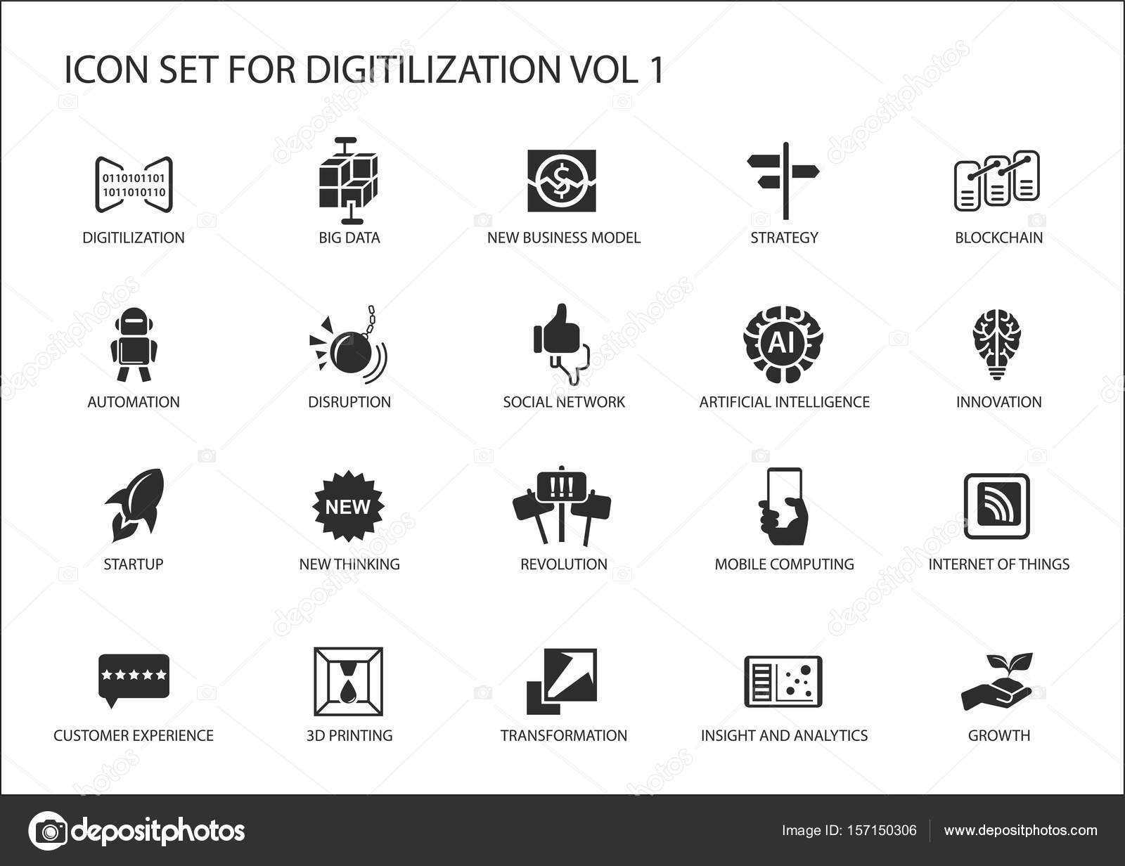 Digitilization vector icons for topics like big data, blockchain ...