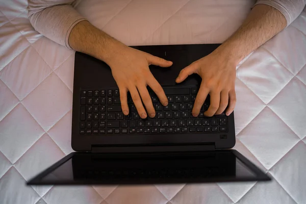 top view of human hands typing on laptop, wireless connection concept, black laptop - Stock ...