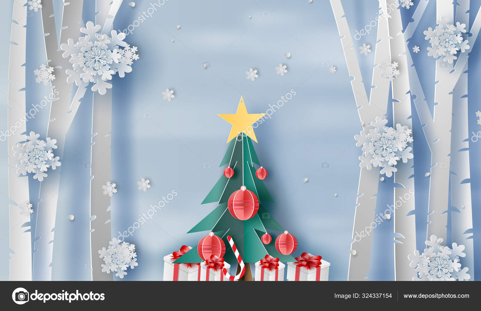 3D paper art of illustration winter season landscape snow fall Stock ...