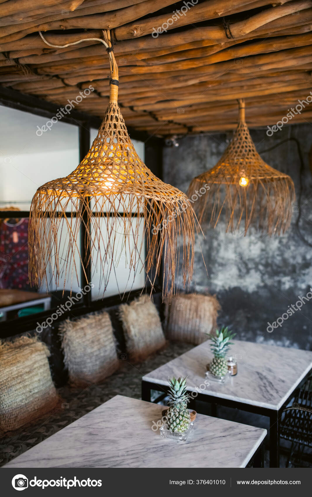 Trendy Loft Hipster Cafe Interior Design White Marble Tables Wicker ...