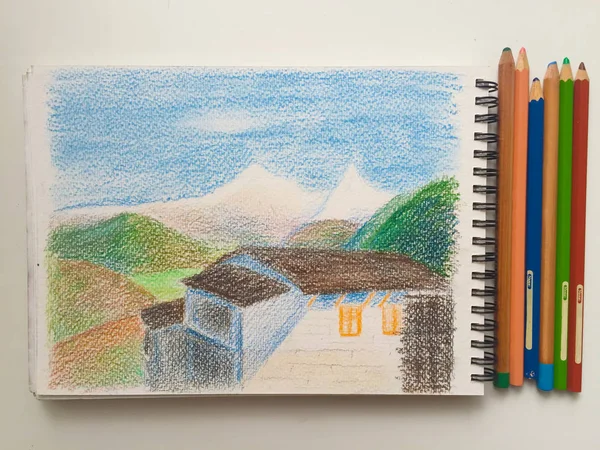 House and mountains on a white background with pencils, Himalaya ...