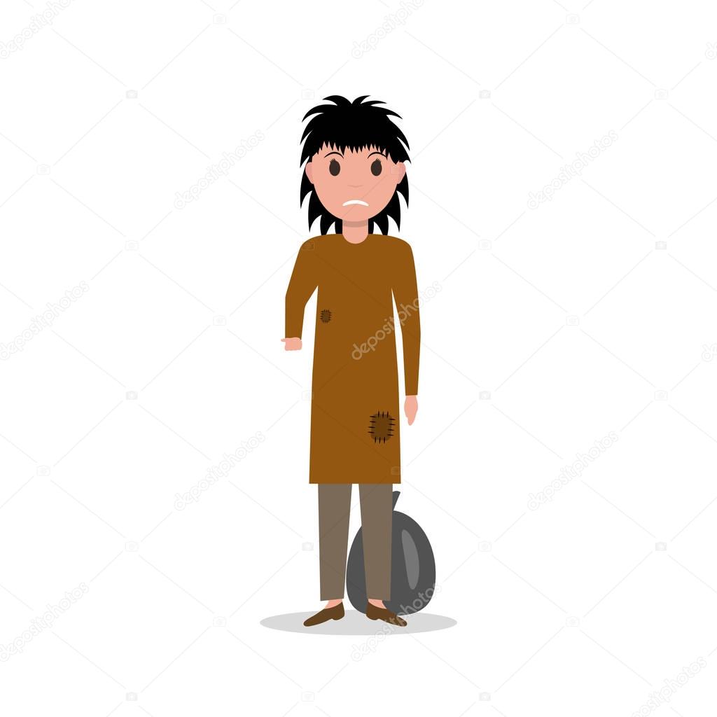 Vector de dibujos animados mujer indigente mendigo, sin hogar 2023