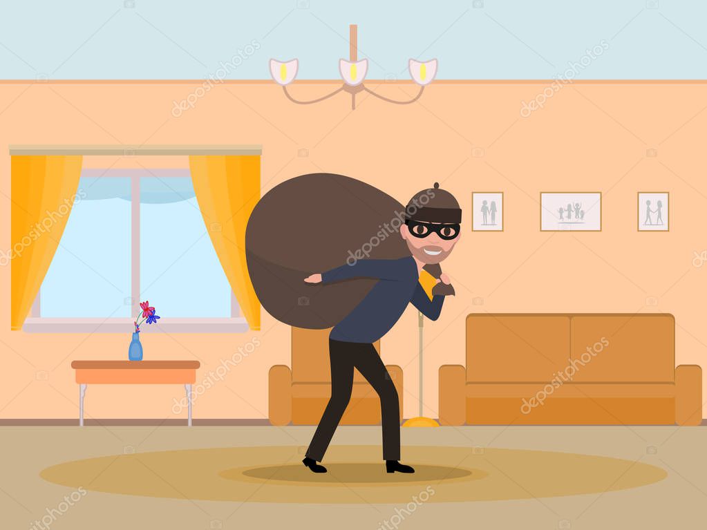 Vector hombre de dibujos animados ladrón robando un apartamento 2025