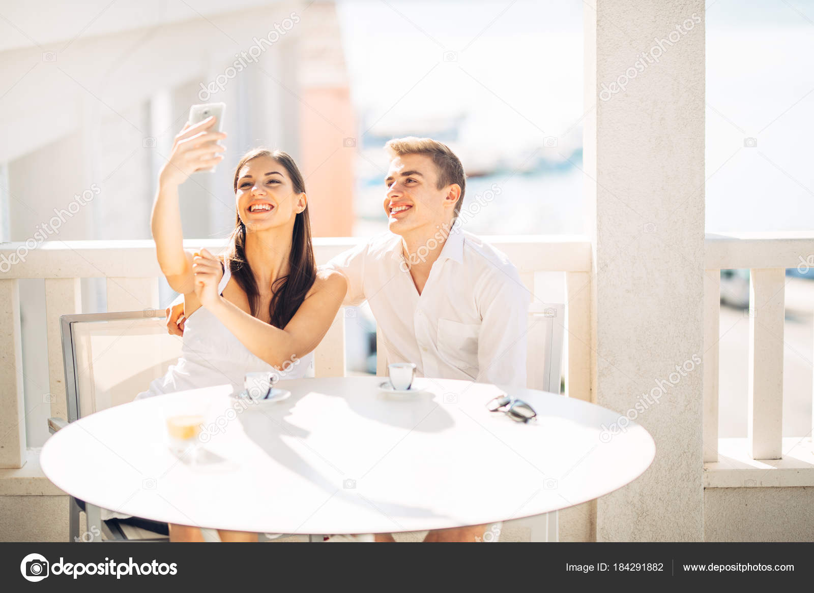 Attractive Couple Having First Date Coffee Friend Smiling Happy People ...