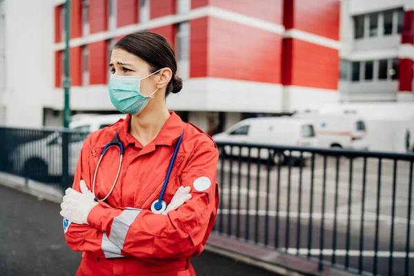 Sad Overworked Paramedic Uniform Front Isolation Hospital Facility ...