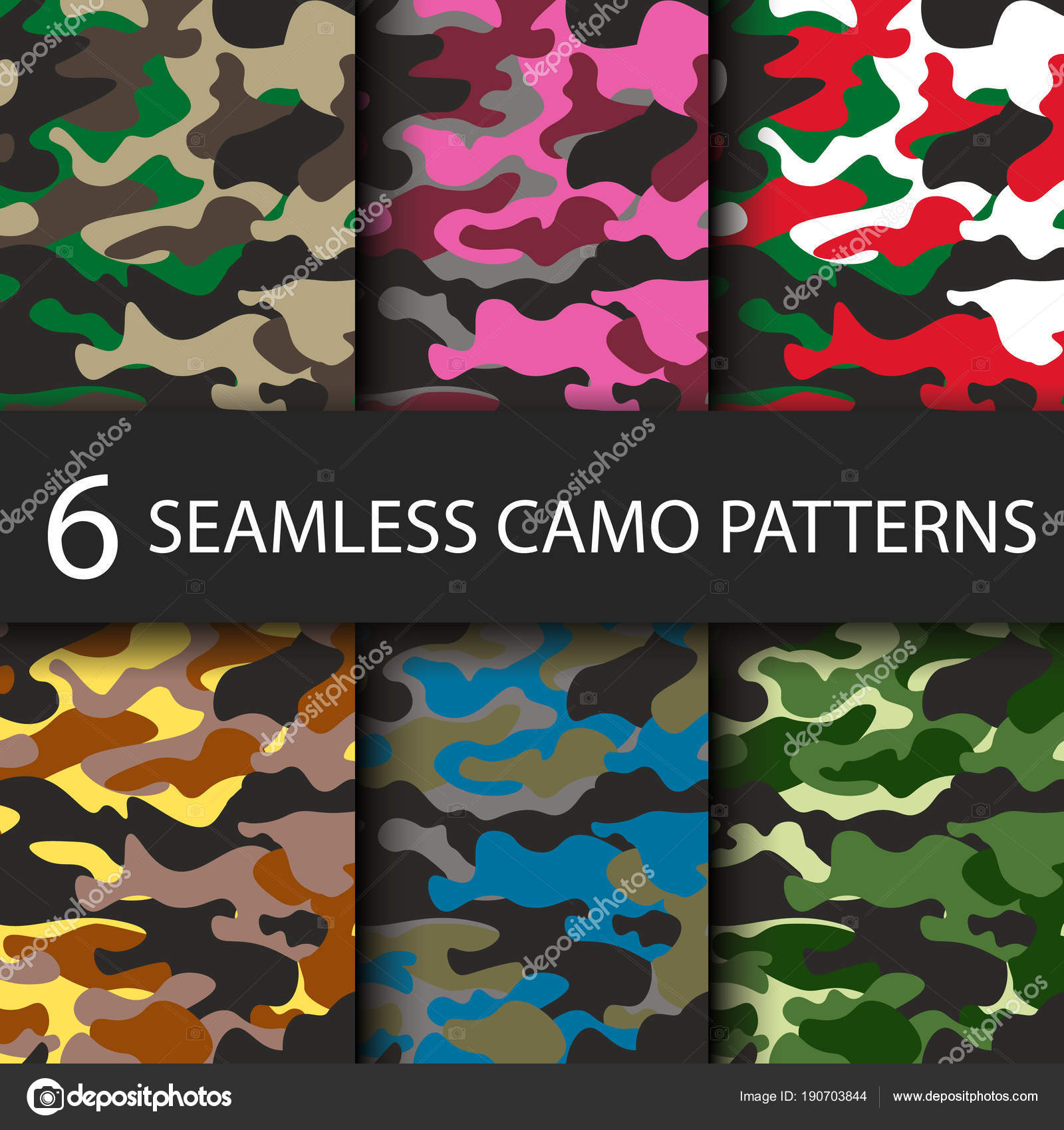 Set of 6 pack Camouflage seamless patterns background with black shadow ...