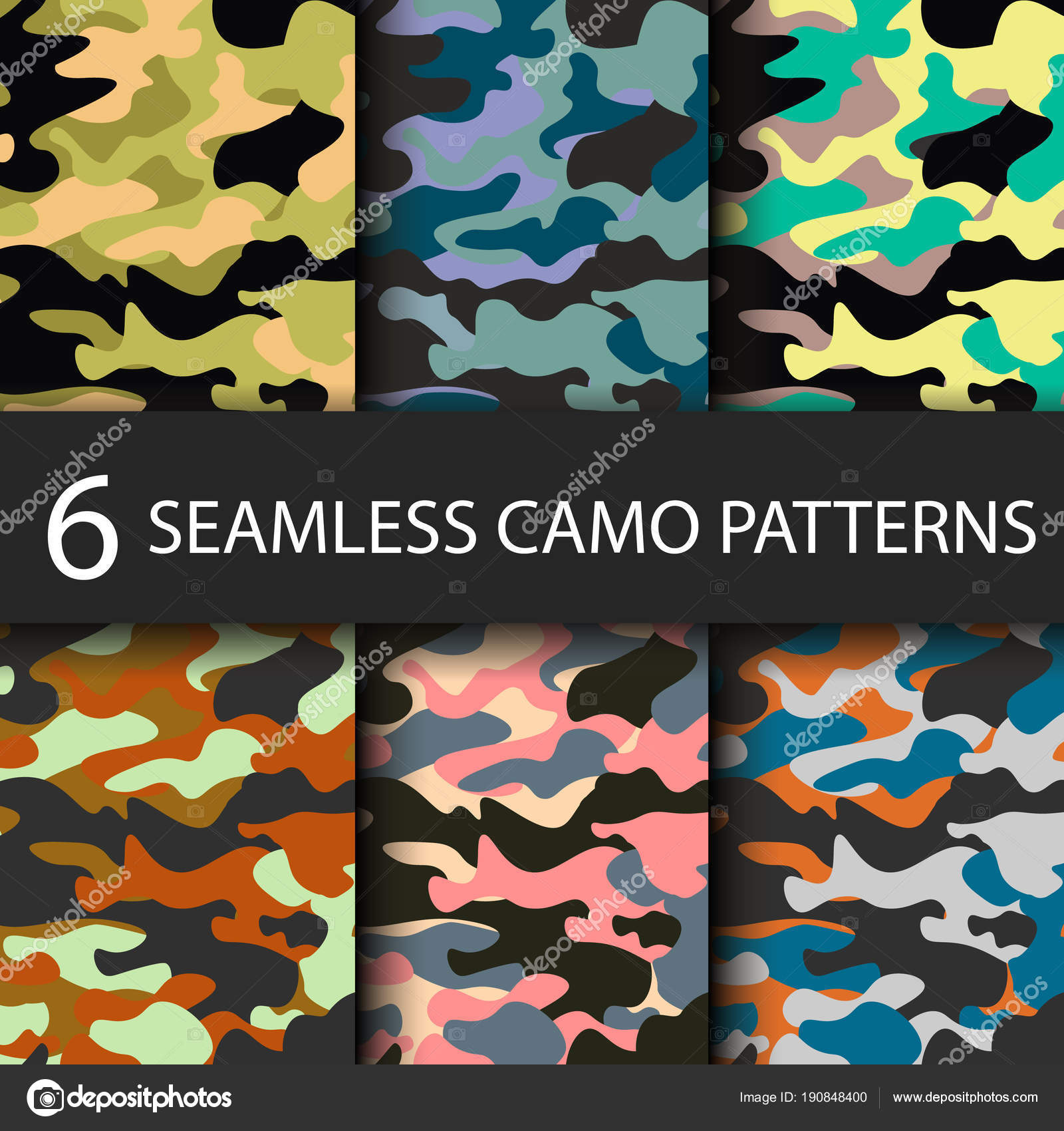 Set of 6 pack Camouflage seamless patterns background with black shadow ...