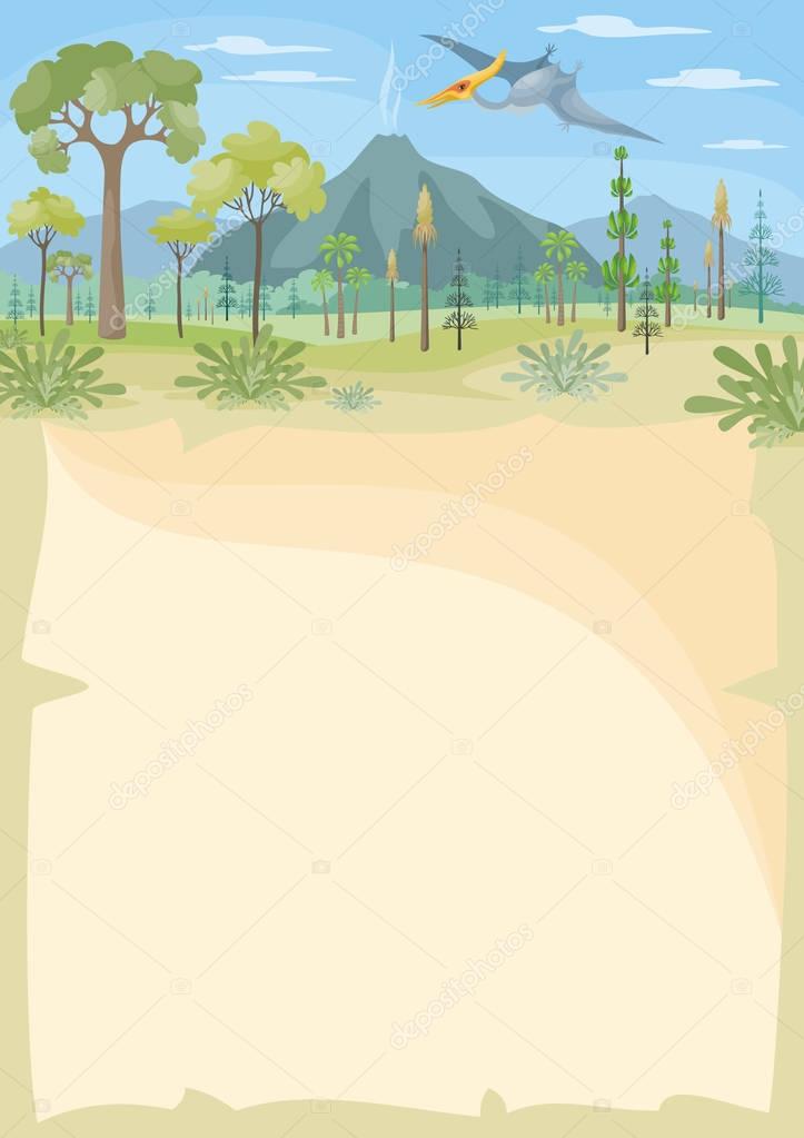 Fondo vectorial vertical con la imagen de un paisaje prehistórico y ... Fondo vectorial vertical con la imagen de un paisaje prehistórico y ...
