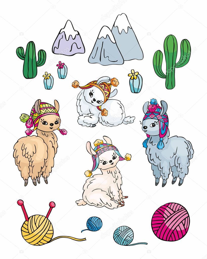 Pequeñas llamas bonitas en estilo garabato. Ilustraciones coloridas ...