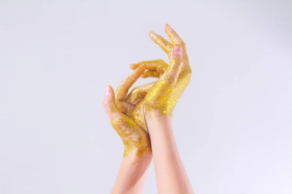 Female Hands Gold Sparkles Sparkling Hands Light Background Stock Photo ...