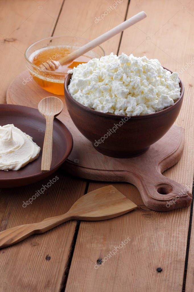 Queso, queso fresco y crema agria en cerámica, miel, queso de cabra ...