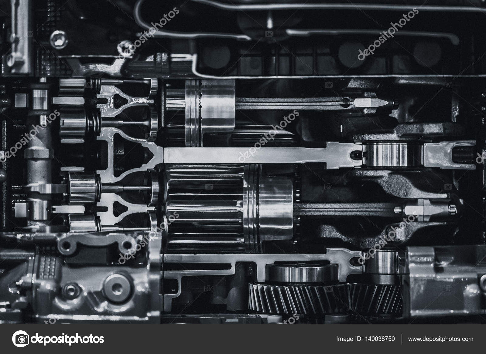 Cut inside boat engine pistal metal black and white color tone with ...