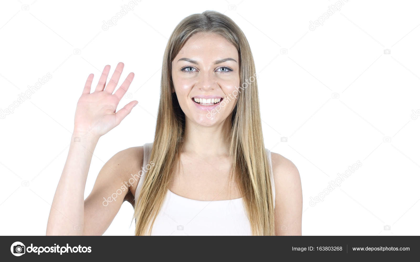 Hi Hello Woman Waving Hand White Background Royalty Free Photo